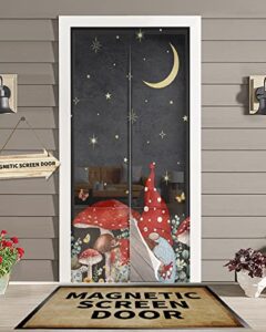 ocomster red mushroom black magnetic screen door, gnome plant flower starry sky moon hands free screen mesh size 38'' x 83'', reinforce heavy duty mesh screen doors for patio/front/sliding door