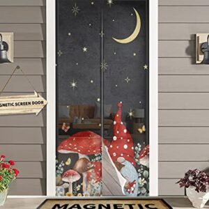 OComster Red Mushroom Black Magnetic Screen Door, Gnome Plant Flower Starry Sky Moon Hands Free Screen Mesh Size 38'' x 83'', Reinforce Heavy Duty Mesh Screen Doors for Patio/Front/Sliding Door