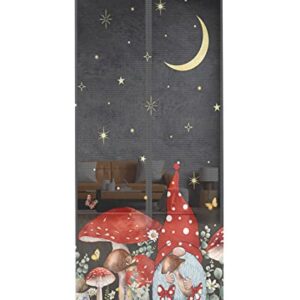 OComster Red Mushroom Black Magnetic Screen Door, Gnome Plant Flower Starry Sky Moon Hands Free Screen Mesh Size 38'' x 83'', Reinforce Heavy Duty Mesh Screen Doors for Patio/Front/Sliding Door