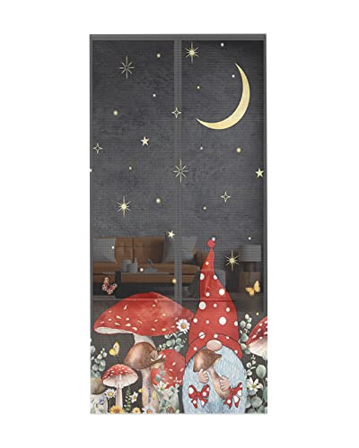 OComster Red Mushroom Black Magnetic Screen Door, Gnome Plant Flower Starry Sky Moon Hands Free Screen Mesh Size 38'' x 83'', Reinforce Heavy Duty Mesh Screen Doors for Patio/Front/Sliding Door