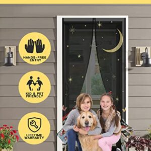 OComster Red Mushroom Black Magnetic Screen Door, Gnome Plant Flower Starry Sky Moon Hands Free Screen Mesh Size 38'' x 83'', Reinforce Heavy Duty Mesh Screen Doors for Patio/Front/Sliding Door