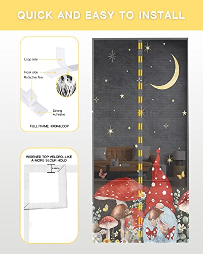 OComster Red Mushroom Black Magnetic Screen Door, Gnome Plant Flower Starry Sky Moon Hands Free Screen Mesh Size 38'' x 83'', Reinforce Heavy Duty Mesh Screen Doors for Patio/Front/Sliding Door