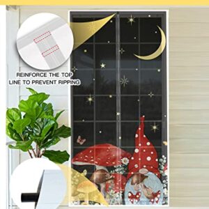 OComster Red Mushroom Black Magnetic Screen Door, Gnome Plant Flower Starry Sky Moon Hands Free Screen Mesh Size 38'' x 83'', Reinforce Heavy Duty Mesh Screen Doors for Patio/Front/Sliding Door