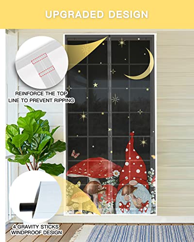 OComster Red Mushroom Black Magnetic Screen Door, Gnome Plant Flower Starry Sky Moon Hands Free Screen Mesh Size 38'' x 83'', Reinforce Heavy Duty Mesh Screen Doors for Patio/Front/Sliding Door