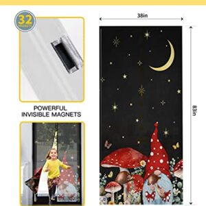 OComster Red Mushroom Black Magnetic Screen Door, Gnome Plant Flower Starry Sky Moon Hands Free Screen Mesh Size 38'' x 83'', Reinforce Heavy Duty Mesh Screen Doors for Patio/Front/Sliding Door