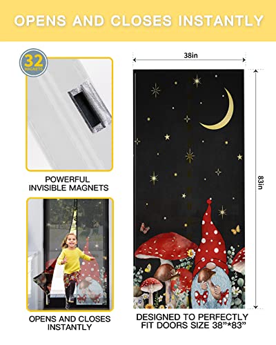 OComster Red Mushroom Black Magnetic Screen Door, Gnome Plant Flower Starry Sky Moon Hands Free Screen Mesh Size 38'' x 83'', Reinforce Heavy Duty Mesh Screen Doors for Patio/Front/Sliding Door