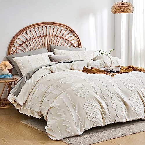 Senville White Duvet Cover Queen Size-Tufted Queen Duvet Cover Set,100% Microfiber Boho Duvet Cover,3PCS Soft and Breathable Textured Shabby Chic Bedding Set with Zipper Closure(White,Queen)