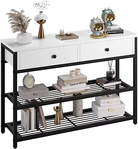 NOIFUM Console Table with 2 Drawers, 40 Inch Sofa Table with 3-Tier Storage Shelves, Vintage Hallway Foyer Table Entryway Table for Living Room, Rustic White