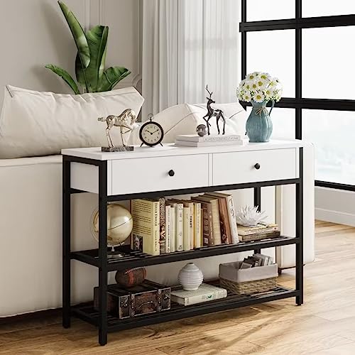 NOIFUM Console Table with 2 Drawers, 40 Inch Sofa Table with 3-Tier Storage Shelves, Vintage Hallway Foyer Table Entryway Table for Living Room, Rustic White