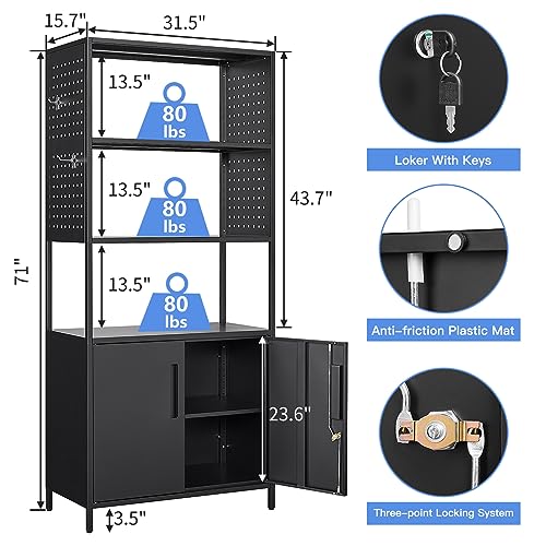 Yizosh 5-Tier Bookshelf, Tall Bookcase with Doors, Industrial Display Standing Shelf Units with Lock & Pegboard, Metal Storage Shelves for Living Room, Bedroom, Home Office (Black)