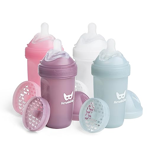 Herobility Double Anti-Colic Baby Bottles – 8.5 fl oz/240ml – 4-Pack – BPA-Free - Multicolor - White, Gray, Pink, Hawthorn Rose