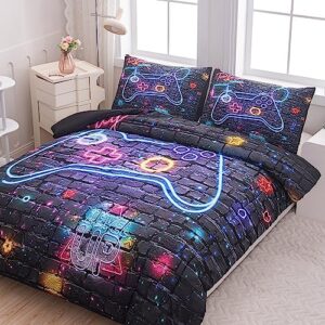 ninenine gaming bedding sets for boys 5pcs queen size comforter gamer contoller video bed in a bag kids teens black bedding comforter sheet set(1comforter, 1flat sheet, 1fitted sheet, 2pillowcases)