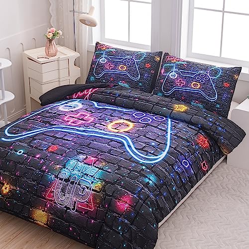 NINENINE Gaming Bedding Sets for Boys 5PCS Queen Size Comforter Gamer Contoller Video Bed in A Bag Kids Teens Black Bedding Comforter Sheet Set(1Comforter, 1Flat Sheet, 1Fitted Sheet, 2Pillowcases)