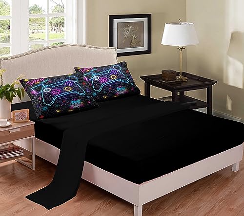 NINENINE Gaming Bedding Sets for Boys 5PCS Queen Size Comforter Gamer Contoller Video Bed in A Bag Kids Teens Black Bedding Comforter Sheet Set(1Comforter, 1Flat Sheet, 1Fitted Sheet, 2Pillowcases)