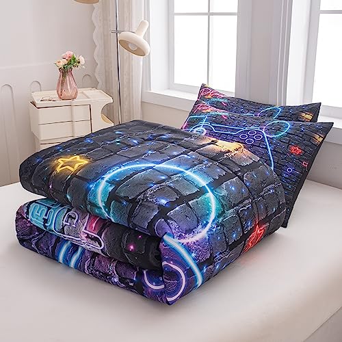 NINENINE Gaming Bedding Sets for Boys 5PCS Queen Size Comforter Gamer Contoller Video Bed in A Bag Kids Teens Black Bedding Comforter Sheet Set(1Comforter, 1Flat Sheet, 1Fitted Sheet, 2Pillowcases)