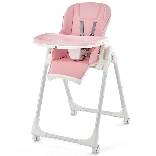 HONEY JOY High Chair with Wheels, Foldable Highchair for Babies and Toddlers, 6 Adjustable Heights, 3 Recline Backrest & Footrest, Double Tray, Quick Fold Portable Highchairs for Boys Girls(Pink)