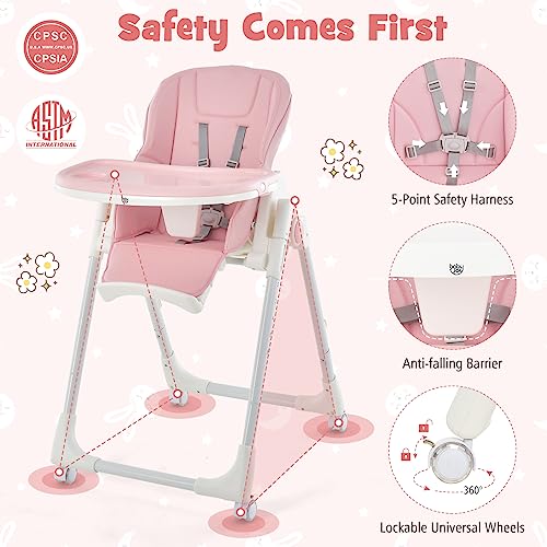 HONEY JOY High Chair with Wheels, Foldable Highchair for Babies and Toddlers, 6 Adjustable Heights, 3 Recline Backrest & Footrest, Double Tray, Quick Fold Portable Highchairs for Boys Girls(Pink)