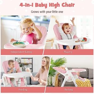 HONEY JOY High Chair with Wheels, Foldable Highchair for Babies and Toddlers, 6 Adjustable Heights, 3 Recline Backrest & Footrest, Double Tray, Quick Fold Portable Highchairs for Boys Girls(Pink)