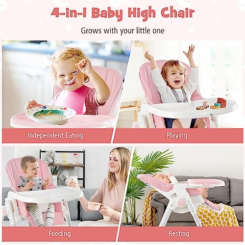 HONEY JOY High Chair with Wheels, Foldable Highchair for Babies and Toddlers, 6 Adjustable Heights, 3 Recline Backrest & Footrest, Double Tray, Quick Fold Portable Highchairs for Boys Girls(Pink)