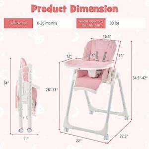 HONEY JOY High Chair with Wheels, Foldable Highchair for Babies and Toddlers, 6 Adjustable Heights, 3 Recline Backrest & Footrest, Double Tray, Quick Fold Portable Highchairs for Boys Girls(Pink)