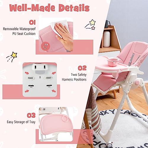 HONEY JOY High Chair with Wheels, Foldable Highchair for Babies and Toddlers, 6 Adjustable Heights, 3 Recline Backrest & Footrest, Double Tray, Quick Fold Portable Highchairs for Boys Girls(Pink)