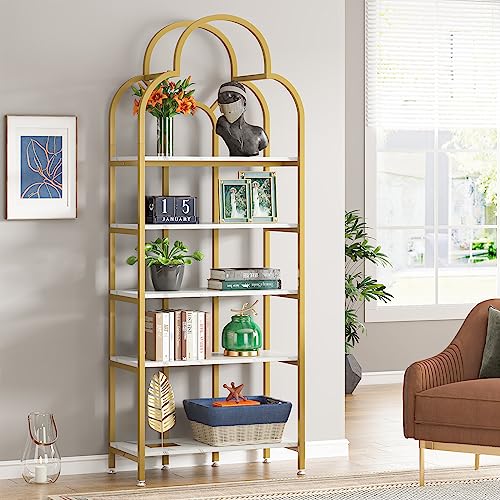 Tribesigns 5-Tier Gold Bookshelf Bookcase, Modern Bookcase with Open Storage Shelves, Tall Display Shelf Plant Flower Stand Rack for Bedroom Living Room Home Office, White & Gold