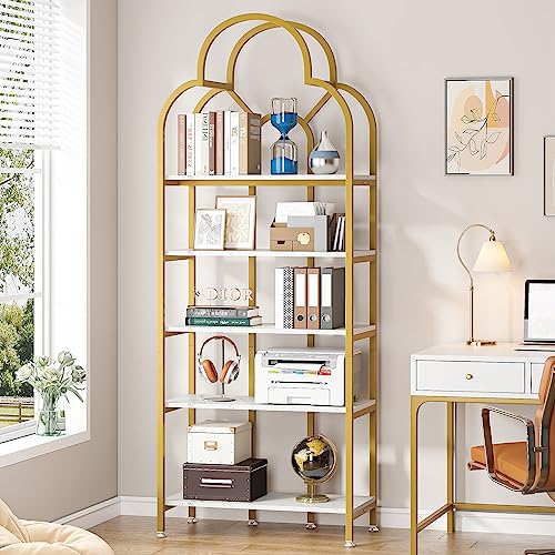 Tribesigns 5-Tier Gold Bookshelf Bookcase, Modern Bookcase with Open Storage Shelves, Tall Display Shelf Plant Flower Stand Rack for Bedroom Living Room Home Office, White & Gold