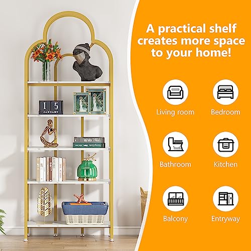 Tribesigns 5-Tier Gold Bookshelf Bookcase, Modern Bookcase with Open Storage Shelves, Tall Display Shelf Plant Flower Stand Rack for Bedroom Living Room Home Office, White & Gold