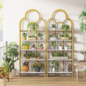 Tribesigns 5-Tier Gold Bookshelf Bookcase, Modern Bookcase with Open Storage Shelves, Tall Display Shelf Plant Flower Stand Rack for Bedroom Living Room Home Office, White & Gold