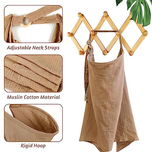 Muslin Nursing Covers for Breastfeeding, Cotton Breastfeeding Cover for Summer, Breathable & Soft, Multi-Use Privacy Nursing Covers with Rigid Hoop, Adjustable Neck Strap, Brown