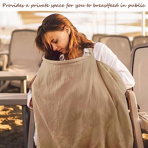 Muslin Nursing Covers for Breastfeeding, Cotton Breastfeeding Cover for Summer, Breathable & Soft, Multi-Use Privacy Nursing Covers with Rigid Hoop, Adjustable Neck Strap, Brown