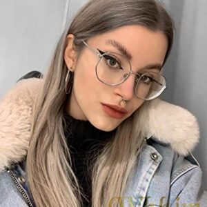 WHHJM Polygon Blue Light Blocking Glasses for Women Men Retro Octagon Square Non-prescription Metal Frame Eyeglasses (Silver Frame)