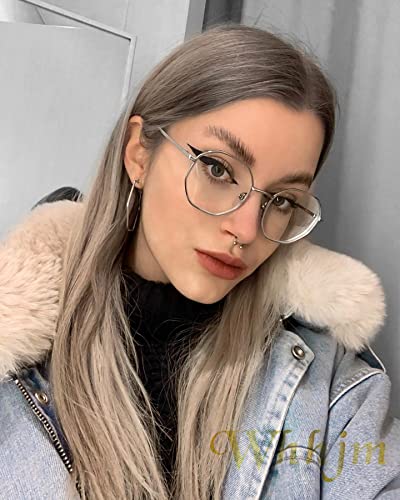 WHHJM Polygon Blue Light Blocking Glasses for Women Men Retro Octagon Square Non-prescription Metal Frame Eyeglasses (Silver Frame)