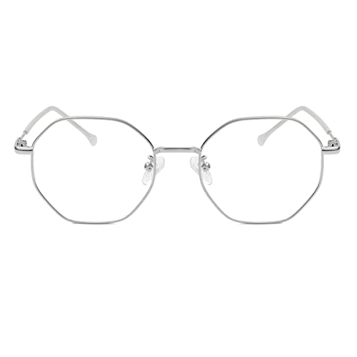 WHHJM Polygon Blue Light Blocking Glasses for Women Men Retro Octagon Square Non-prescription Metal Frame Eyeglasses (Silver Frame)