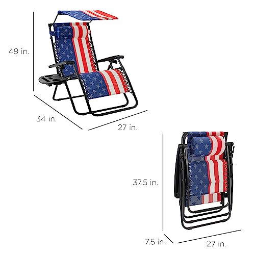 Best Choice Products Folding Zero Gravity Outdoor Recliner Patio Lounge Chair w/Adjustable Canopy Shade, Headrest, Side Accessory Tray, Textilene Mesh - American Flag