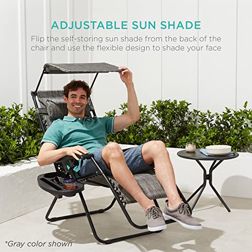 Best Choice Products Folding Zero Gravity Outdoor Recliner Patio Lounge Chair w/Adjustable Canopy Shade, Headrest, Side Accessory Tray, Textilene Mesh - American Flag