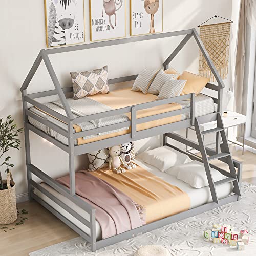 Low Bunk Bed Twin Over Full House Bunk Bed with Built-in Ladder, Wooden Bunk Bed Frame for Kids Girls Boys - Gray