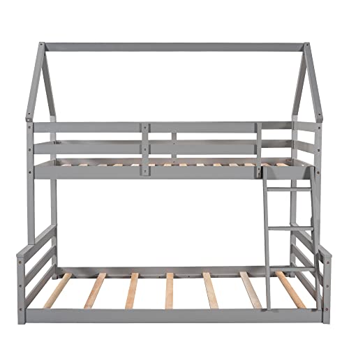 Low Bunk Bed Twin Over Full House Bunk Bed with Built-in Ladder, Wooden Bunk Bed Frame for Kids Girls Boys - Gray