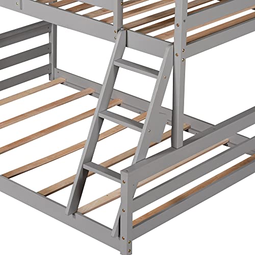 Low Bunk Bed Twin Over Full House Bunk Bed with Built-in Ladder, Wooden Bunk Bed Frame for Kids Girls Boys - Gray