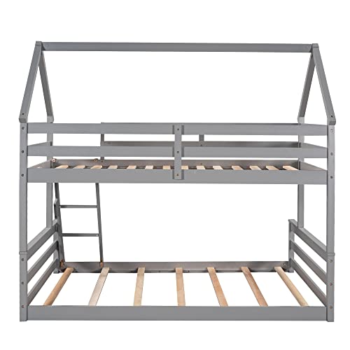 Low Bunk Bed Twin Over Full House Bunk Bed with Built-in Ladder, Wooden Bunk Bed Frame for Kids Girls Boys - Gray