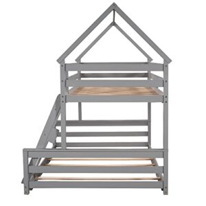 Low Bunk Bed Twin Over Full House Bunk Bed with Built-in Ladder, Wooden Bunk Bed Frame for Kids Girls Boys - Gray