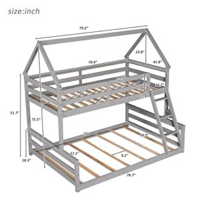 Low Bunk Bed Twin Over Full House Bunk Bed with Built-in Ladder, Wooden Bunk Bed Frame for Kids Girls Boys - Gray