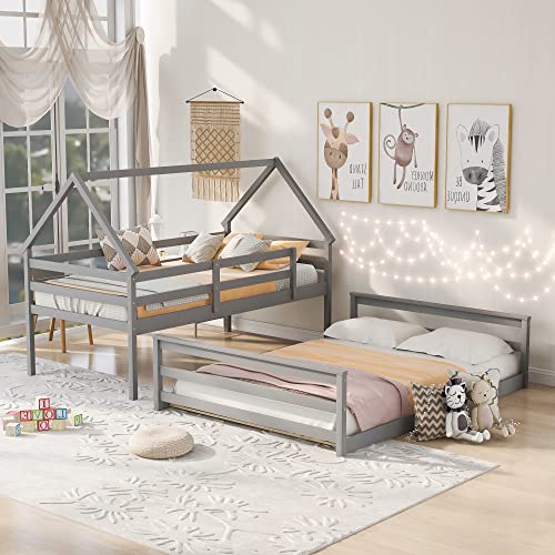 Low Bunk Bed Twin Over Full House Bunk Bed with Built-in Ladder, Wooden Bunk Bed Frame for Kids Girls Boys - Gray