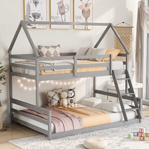 Low Bunk Bed Twin Over Full House Bunk Bed with Built-in Ladder, Wooden Bunk Bed Frame for Kids Girls Boys - Gray