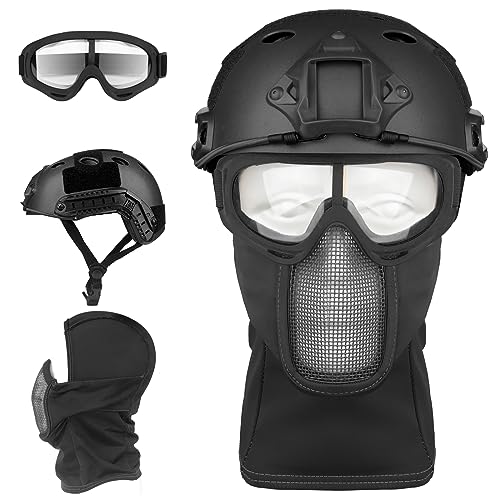 VPZENAR Airsoft Helmet,Black Tactical Helmet,Airsoft Mask Mesh,Elastic Balaclava Mask, Anti Fog Airsoft Goggles, Tactical Full Face Protection, Airsoft Accessories,Military Gear and Airsoft Gear