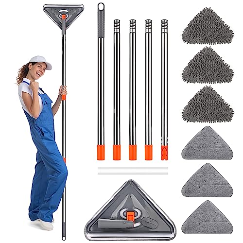 Wall Mop Wall Cleaner with 85 Inch ​Long Handle, 360° Rotating Microfiber Dust Mop, Skirting Cleaning Tool Ceiling Gasket Window Cleaning Kit with 6 Replacement Pads and 25" to 85" Extension Pole