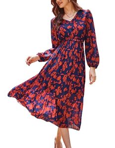 grace karin 2023 women's floral print dress v neck long lantern sleeve bohemian dress elegant flowy dress navy blue xl