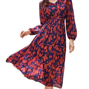 GRACE KARIN 2023 Women's Floral Print Dress V Neck Long Lantern Sleeve Bohemian Dress Elegant Flowy Dress Navy Blue XL