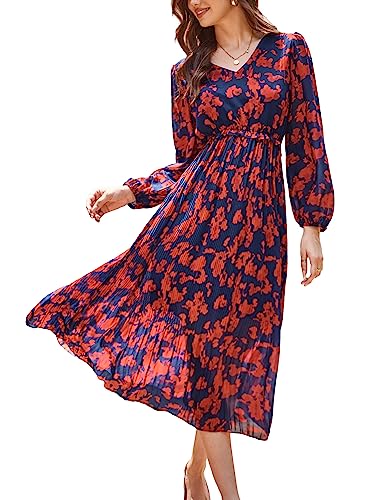 GRACE KARIN 2023 Women's Floral Print Dress V Neck Long Lantern Sleeve Bohemian Dress Elegant Flowy Dress Navy Blue XL