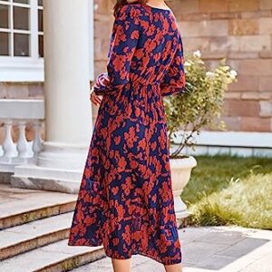 GRACE KARIN 2023 Women's Floral Print Dress V Neck Long Lantern Sleeve Bohemian Dress Elegant Flowy Dress Navy Blue XL